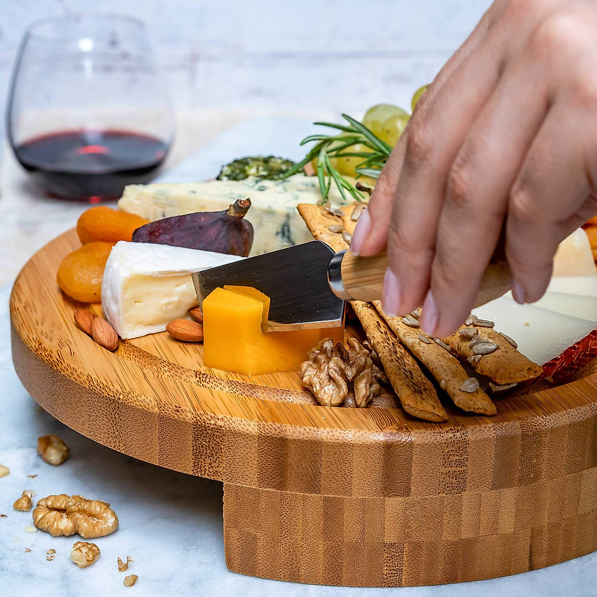 BlauKe Bamboo Cheese Board and Knife Set – 10 inch Round Charcuterie Board, Serving Tray, Platter, Wood Cheese Board Set – Gift Idea