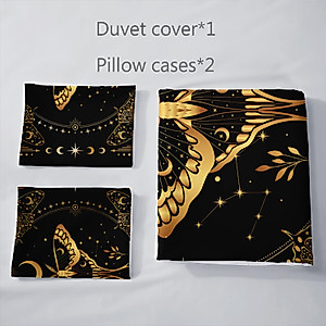 AILONEN Moth Duvet Cover Set Queen Size, Boho Sun and Moon Comforter Cover Set,Death Moth Duvet Cover with 2 Pillowcases, 3 Pieces