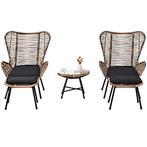 Merax Dark Gray 5-Piece Outdoor Patio Rattan Bistro Set, All-Weather PE Wicker Arm Stools and Glass Tea Balcony, Porch Yard Natural, 2 Chairs + 1 Table