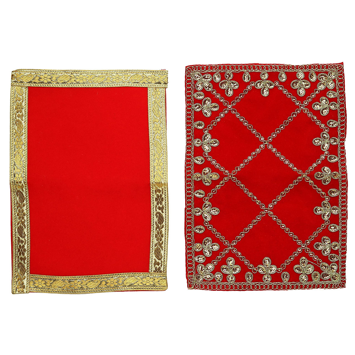 Set of 2 Red Velvet Pooja Cloth Mat Aasan Decorative Cloth (Size:-7 Inches X 10 Inches,) for Multipurpose Puja Indian Traditional Festival Decorations Item and Article Gift