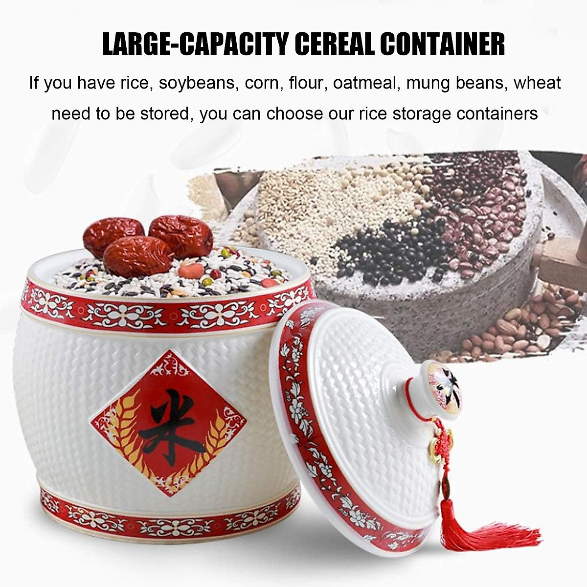 JIXDILO Chinese Ceramic Rice Bucket, Large Grain Dispenser, Food Storage Container with Lid, Sealed Rice Storage Jar for Noodles Rice Snacks(21x24cm(8x9inch), A)