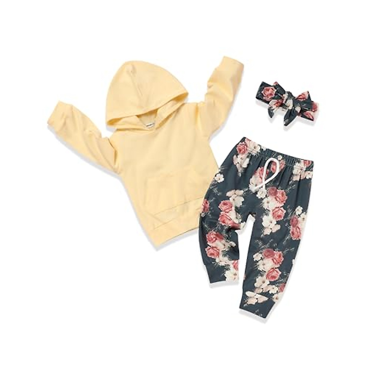 Baby Girl Clothes Long Sleeve Hoodie Sweatshirt Floral Pants with Headband Outfit Sets (Yellow&Floral, 18-24 Months)