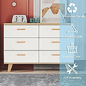 Henf Modern 6 Drawers Dresser, Elegant 6 Drawers Chest Dresser Storage Cabinet with Wood Handles and Foot, Chest of Drawer Cabinet for Closet Bedroom, Living Room, Kids Room