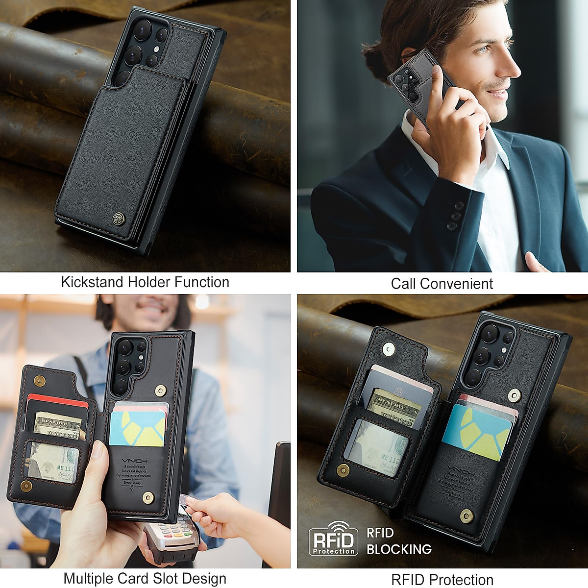 Vinich for Samsung Galaxy S22 Ultra Wallet Case with Card Holder, RFID Blocking Credit Slots Kickstand Shockproof Phone Cover for Women Men, Black