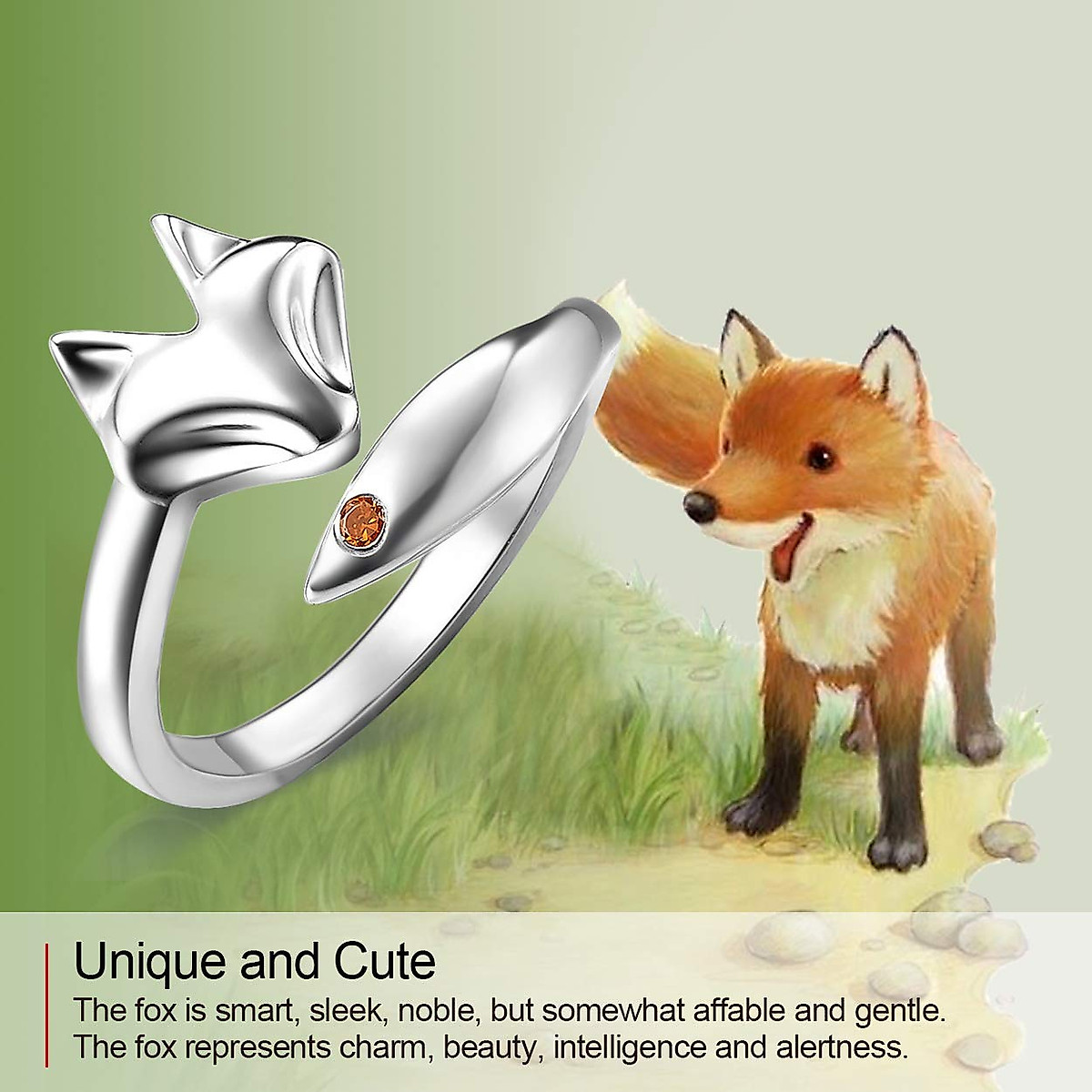 Jewever S925 Sterling Silver Women Fox Tail Open Rings Fine Jewelry Inlaid Red Cubic Zirconia Gift