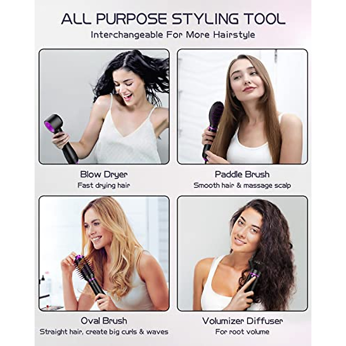 Hair Dryer Brush, 4-in-1 Hot Air Brush Blow Dryer - Straighten, Curl, Volumize & Dry in One Step, Negative Ion Blow Dryer Brush Hairbrush Blow Dryer Hair Styler with 4 Detachable Attachments, 3 Temps