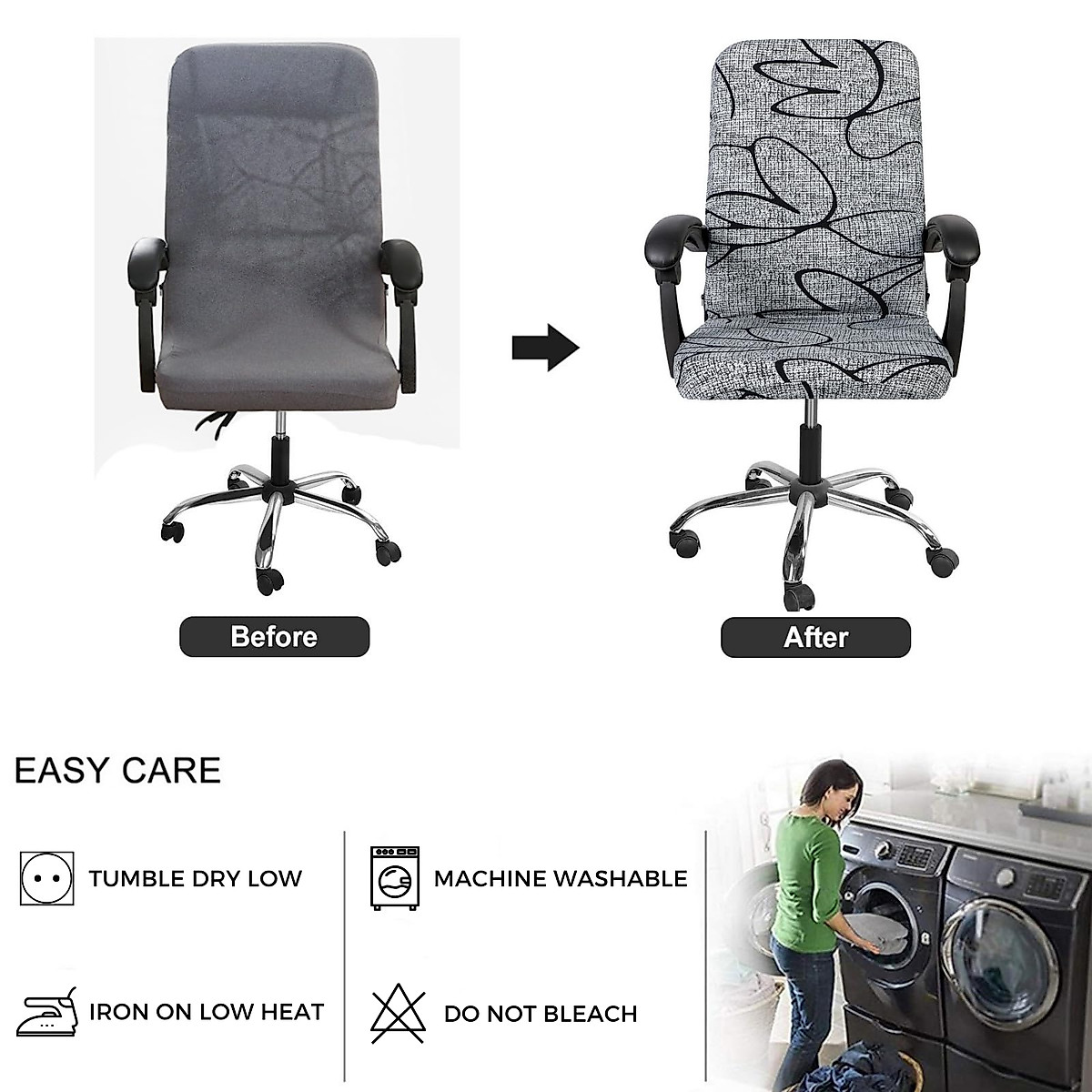 SearchI Office Chair Cover with Durable Zipper, Printed Washable Stretchable Desk Chair Cover, High Back Computer Chair Cover, Office Chair Seat Slipcover (Grey Pattern, Medium)