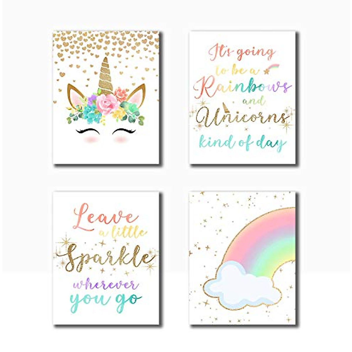Rainbow Unicorn Art Prints - 4 Set of Kids Room Decor Wall Art