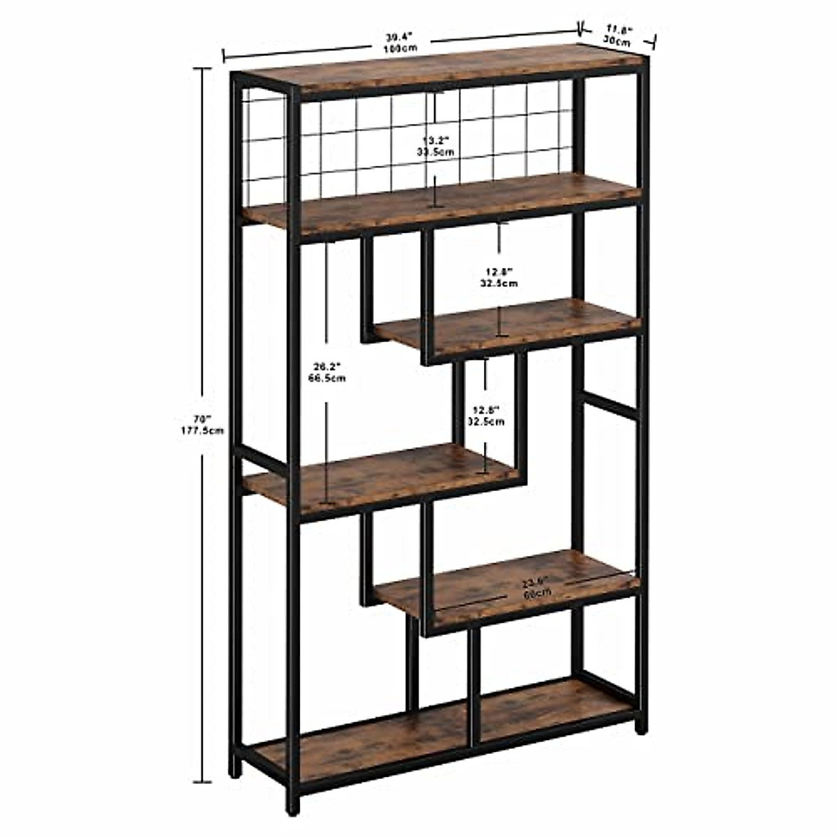 IRONCK Bookshelves and Bookcases 6-Shelf Etagere Bookcase, Industrial Open Display Shelves Geometric Bookcase with Sturdy Metal Frame,Vintage Brown