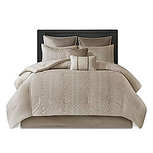 Madison Park Camelia Cozy Comforter Set-Trendy Design All Season Down Alternative Luxury Bedding with Matching Shams, Decorative Pillows, King (104 in x 92 in), Natural 8 Piece