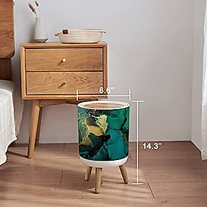 Trash Can with Lid Luxury Abstract Fluid Art Painting Alcohol Ink Technique Green and Press Cover Small Garbage Bin Round with Wooden Legs Waste Basket for Bathroom Kitchen Bedroom 7L/1.8 Gallon