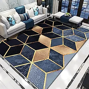 3D Print Cube Marble Rugs for Living Room Bedroom Blue and Gold Carpet Abstract Non Slip Area Rug 63"x47.2"