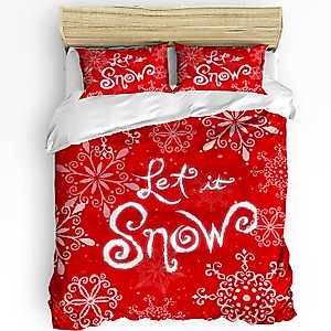 IDOWMAT Duvet Covers Queen Size - Breathable Soft Bedding Set Comforter Cover with Zipper Corner Ties Queen Duvet Cover Set for All Seasons,(3 PCS,Red Snowflakes Flower Let-it Snow)