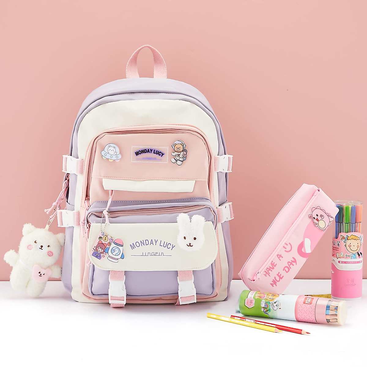 Kawaii Backpack For School Cute Aesthetic Kids Elementary Kindergarten With Kawaii Pin And Accessories Chains Mochilas Escolares Para Niñas Toddler Backpack For Girls, Purple