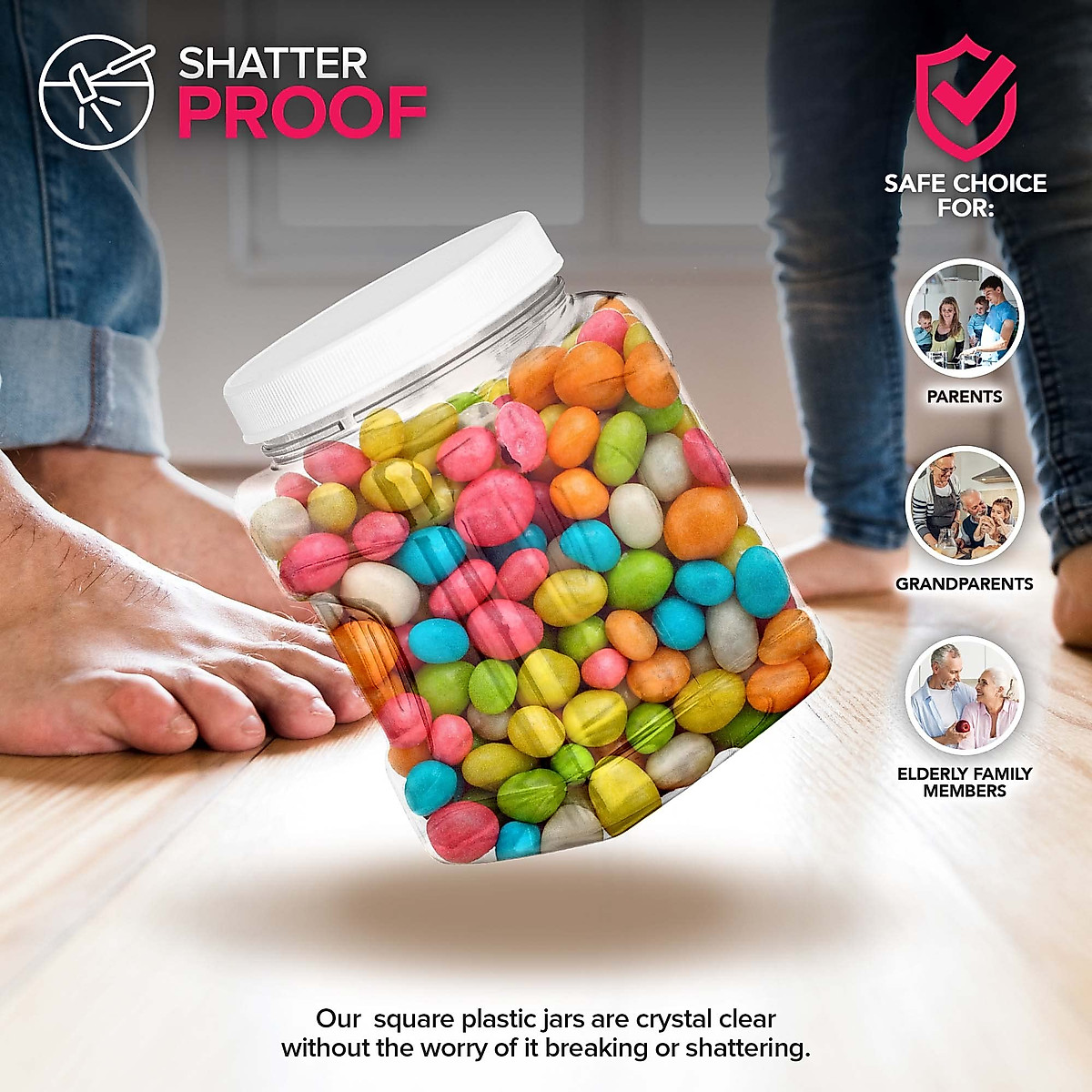 Stock Your Home Plastic Storage Jars (6 Pack) - 32 Oz Square Plastic Canisters with Lids - Shatterproof Plastic Storage Jars with Lids - Reusable Wide Mouth Clear Plastic Containers with Lids