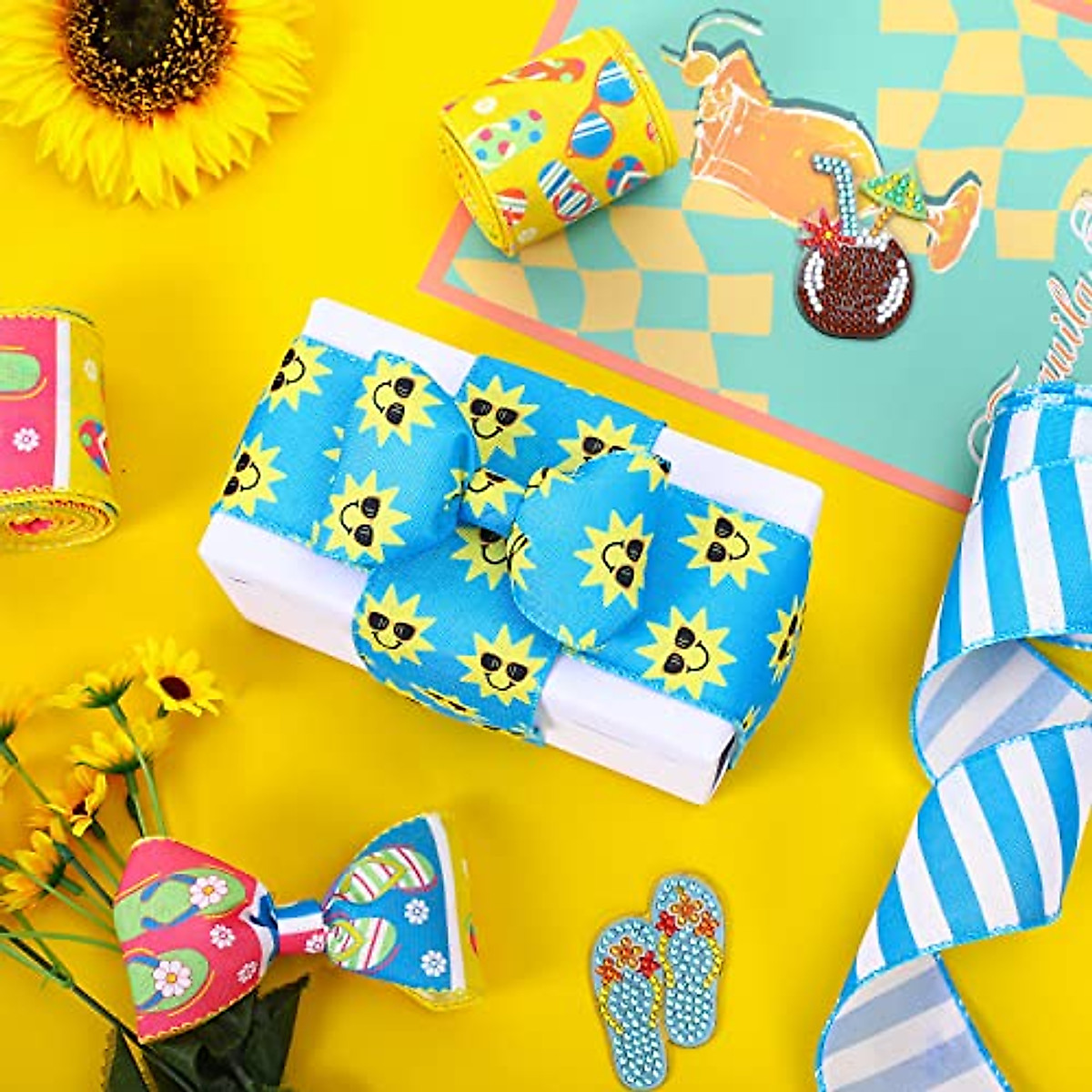 Whaline 4 Rolls Summer Wired Ribbon 24 Yards Flip Flop Fabric Decorative Ribbon Summer Theme Sunshine Fabric Ribbon Beach Party Stripe Craft Ribbon for Summer Wreath Bow DIY Craft Wrapping, 2.5 Inch