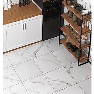 FunStick White Peel and Stick Flooring Tiles Waterproof 12 x 12 Inch 15 Pack Removable Marble Vinyl Flooring Peel and Stick Floor Tile Bathroom Floor Vinyl Sticker Tiles for Kitchen Bedroom Flooring