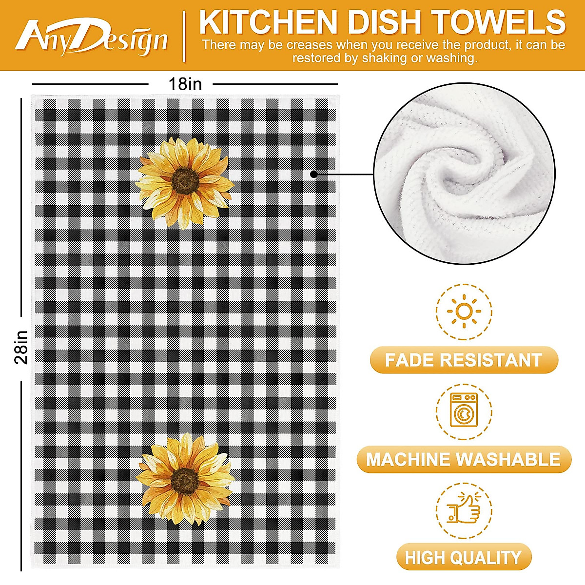 AnyDesign Sunflower Kitchen Towel Spring Summer Flower Dish Towel 18 x 28 Inch Buffalo Plaids Floral Hand Drying Tea Towel for Seasonal Cooking Baking Cleaning Wiping Supplies, Set of 4