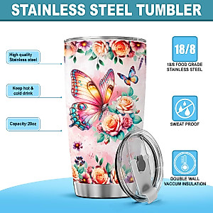 JENOIS Lady Mom Butterfly, Mothers Funny Coffee Floral Day Flower Handle Tumblers Mama Cups Mother For Women Insulated, Tumbler 20 Oz With Lid And Straw, Mom Gifts