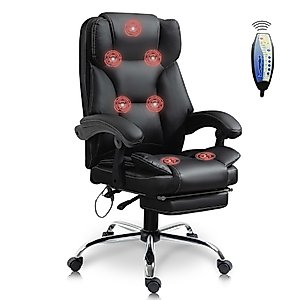 Massage Office Chair- Ergonomic Home Computer Desk Leather Chair,Adjustable Height Reclining Swivel Chair with Footrest,Black