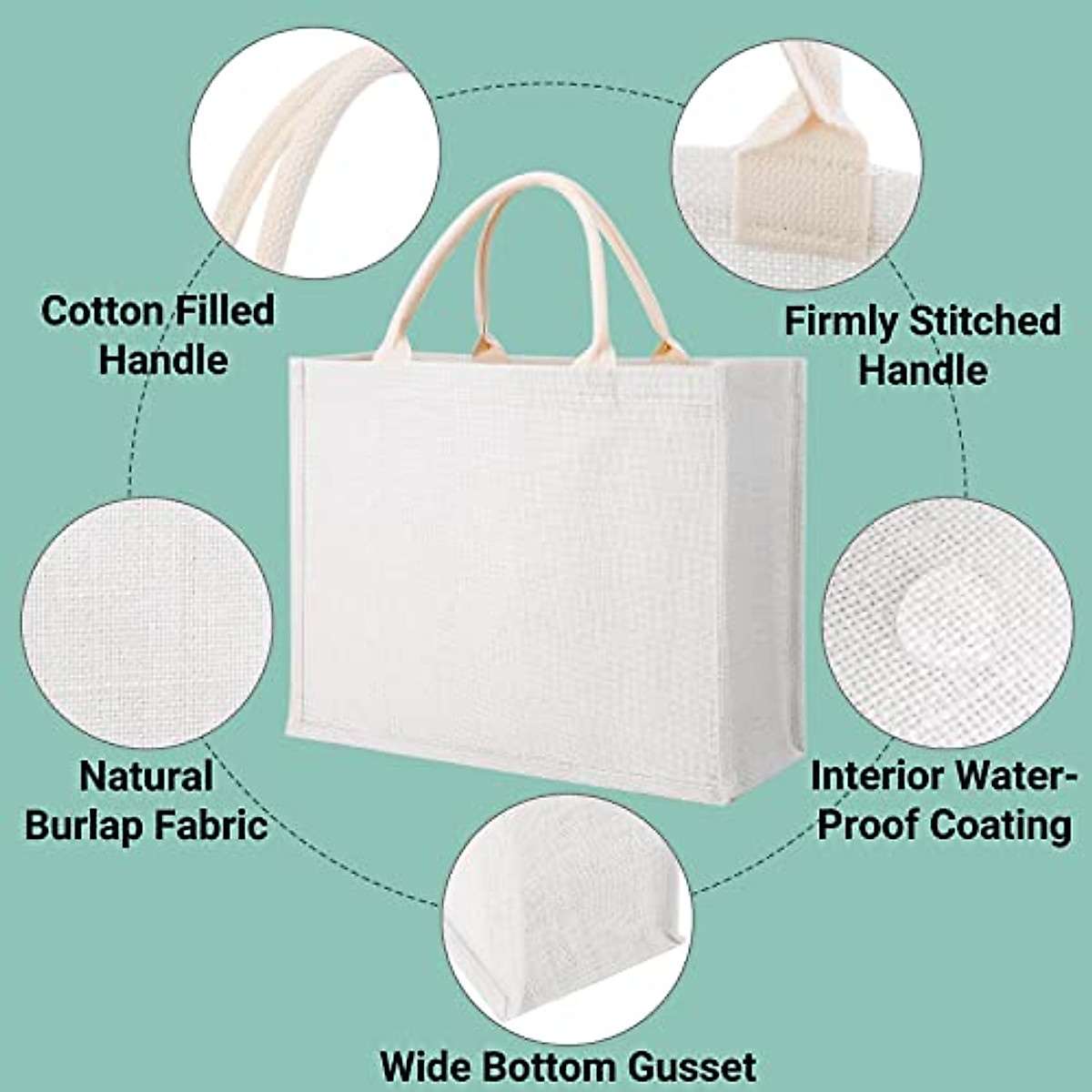 Offiper Bridesmaid Gift Bags, 3 Pack Large White Reusable Burlap Jute Totes with Handles Zipper Pocket, Gift Favors Bag Grocery Shopping Bag Blank Tote for DIY Beach Trip Party Welcome Bag for Wedding