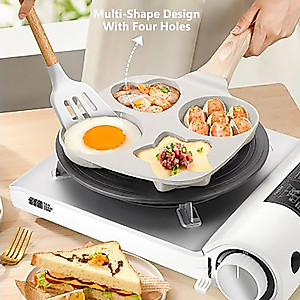4 Cup Egg Frying Pan, Easy Breakfast Egg Pancake Burger Cooker, Aluminium Alloy Nonstick Frying Pot with Portable Wood Handle for Gas Stove & Induction Cookware