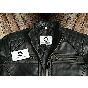 Mens Genuine Leather Biker Jacket Black | Vintage Brown Distressed Lambskin Motorcycle Jackets for Men (Black, X-Large)