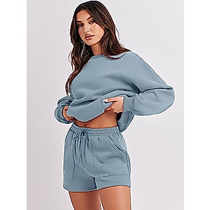 ANRABESS Women 2 Piece Lounge Set Fall Outfits Sweatsuit Fleece Oversized Crewneck Sweatshirt Loungewear Shorts 2023 Casual Cozy Pajamas Macthing Tracksuit Set 1047huilan-XL
