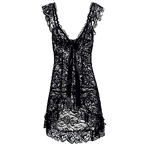 Qopobobo Women Lingerie Naughty Sexy Plus Women Lace Lingerie Front Closure Cardigan V Neck Nightwear Sexy Chemise Nightie Black