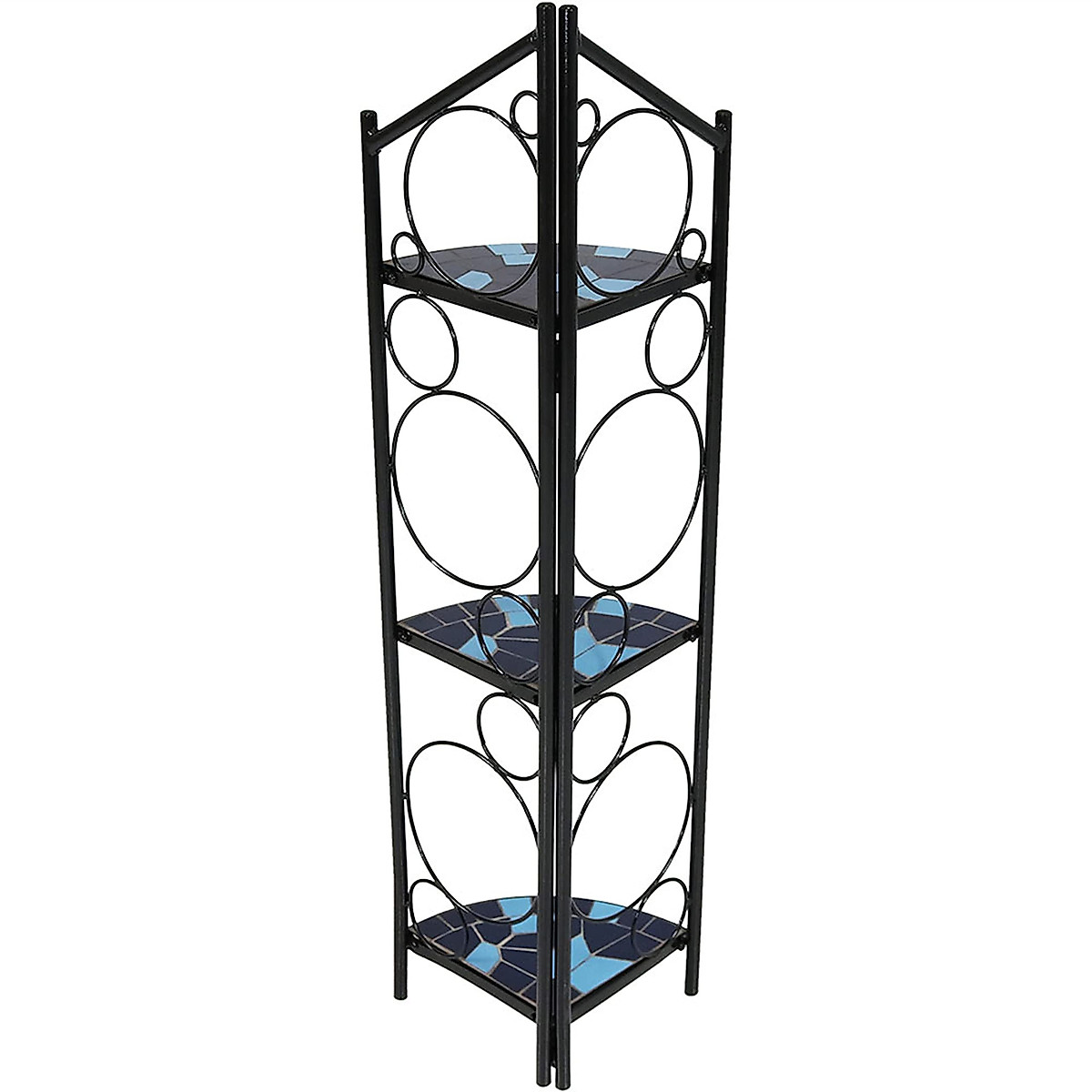 Sunnydaze 44" 3-Tier Outdoor Metal Corner Folding Mosaic Plant Stand - Blue