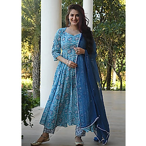 Elina fashion Indian Kurti for Womens With Pant & Dupatta | Rayon Printed Long Kurta Partywear Kurtis Tunic Tops Cyan