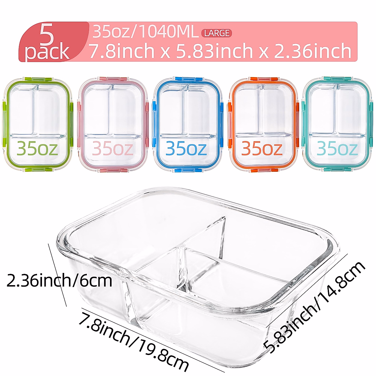 Glass Food Storage Containers 3 Compartment with Lids (5 Pack, 34oz), Divided Glass Meal Prep Containers for Lunch at Work, Leak-Proof Portion Control Food Containers, Microwave/Dishwasher Safe