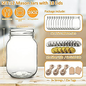 Jaisie.W Mason Jars 16 oz 12Pack with 6 Extra Lids, Glass Pint Canning Jars 16 oz - 16oz mason jars with silver lids and extra 6 gold lids for Canning/Preserving/Meal Prep