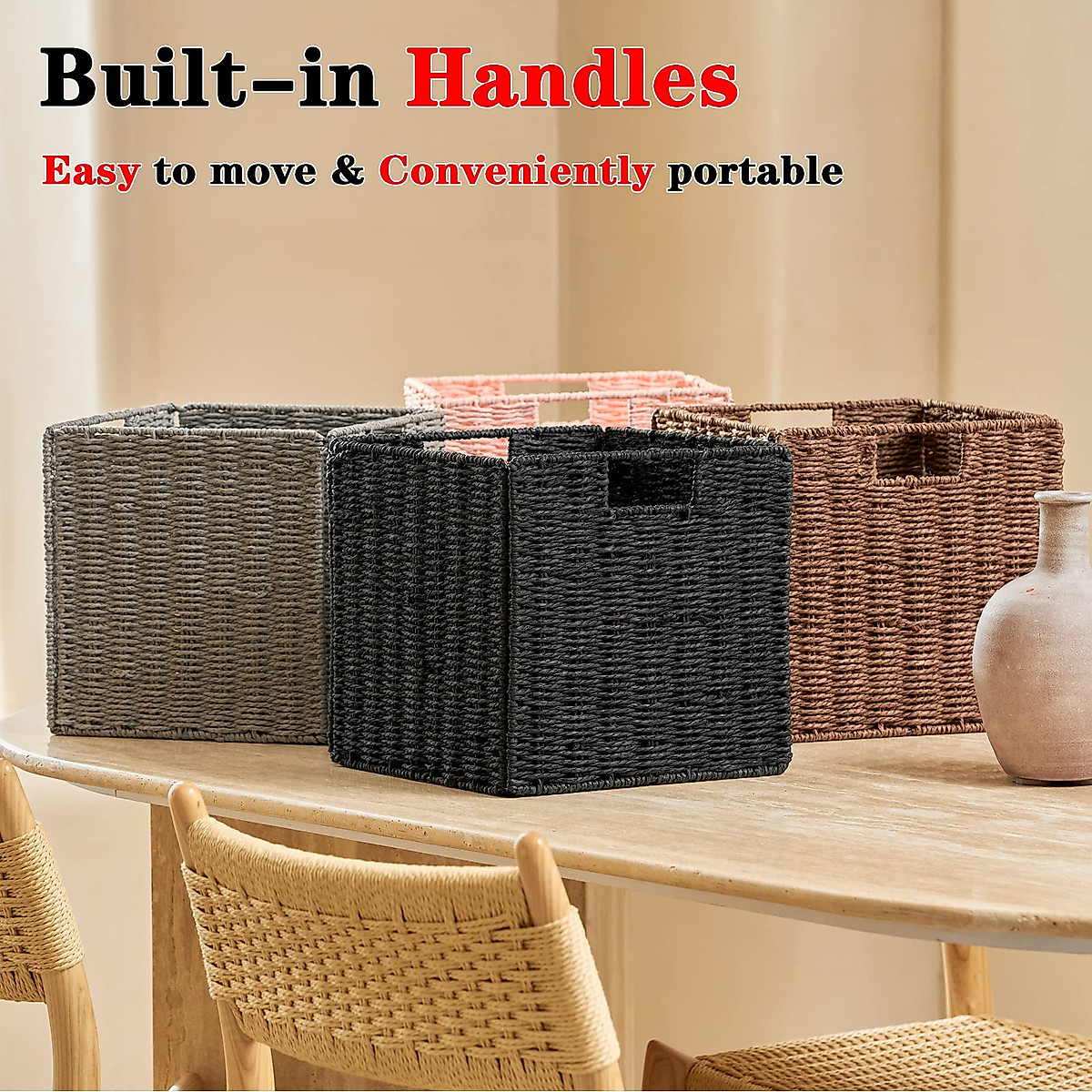 Vagusicc Storage Basket, Set of 2 Foldable Cube Hand-Woven Paper Rope Wicker Baskets 11 inches + Set of 3 Woven Paper Rope Wicker Handles Baskets for Storage with Liners