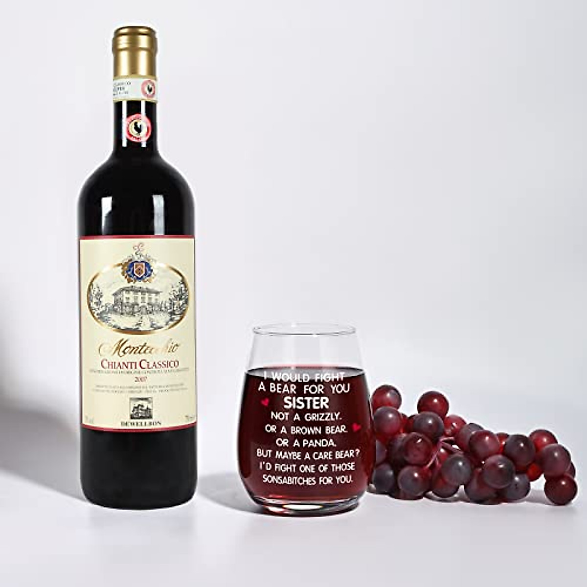 Waipfaru Funny Gift For Sister, Fight A Bear for You Stemless Wine Glass, Sister Gifts From Sister Brother, Birthday Christmas Gift for Sister Sister in Law Soul Sister Big Sister Little Sister, 15Oz