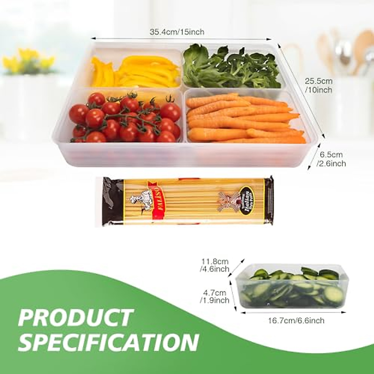 Sousnous Divided Serving Tray with lid, 14 inch Veggie Tray Snack Container Snackle Box Charcuterie Board, 4 Compartment Salad Bar Meat Keeper Food Storage Containers, Clear