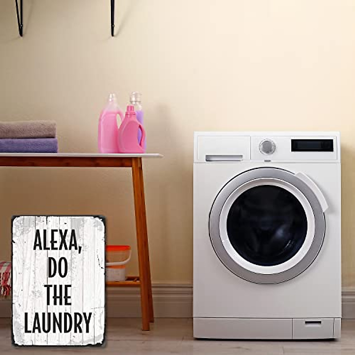 SmartSign Alexa Do The Laundry Sign, Modern Laundry Room Sign, 14 x 10 inch, 40 mil Laminated Rustproof Aluminum, Rustic Wall Décor, Black on Light Wooden Pattern Background