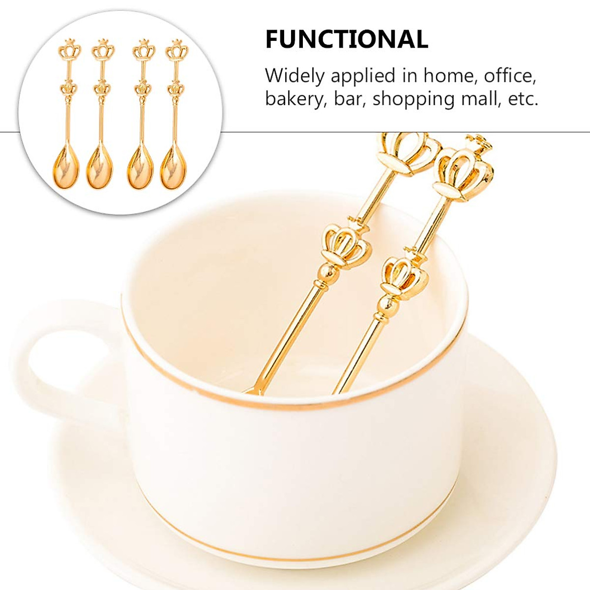 ABOOFAN 8PCS Stainless Steel Golden Coffee Cake Spoon Crown Cake Spoons Small Teaspoon for Ice-Cream, Soup, Salt, Sugar, Tea Stirring