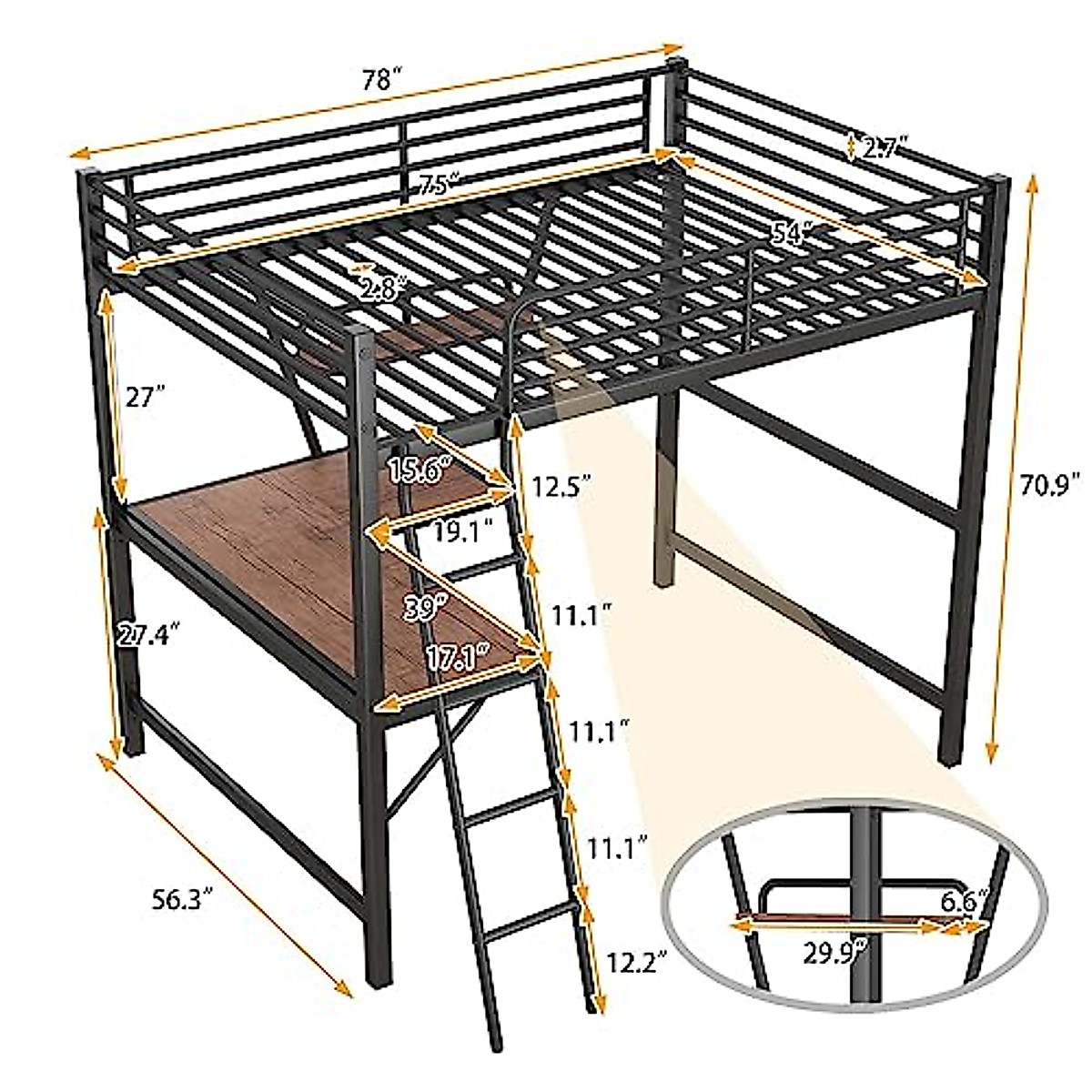 Full Size Metal Loft Bed with MDF Desk and Storage Shelf, Multifunctional Loft Bed with Ladder and Guard Rail, Space Saving, No Box Spring Needed for Boys Girls Teens Adults (Black, Full)
