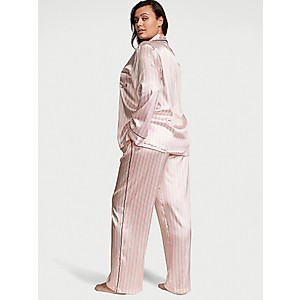 Victoria's Secret Satin Pajama Set, Long Sleeve Button Down & Pant Set, Sleepwear for Women, Pink Iconic Stripe (XL)