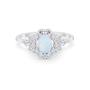 Blue Apple Co. Lab Created White Opal Size-8 Art Deco Oval Wedding Engagement Ring Vintage Round Simulated Cubic Zirconia 925 Sterling Silver