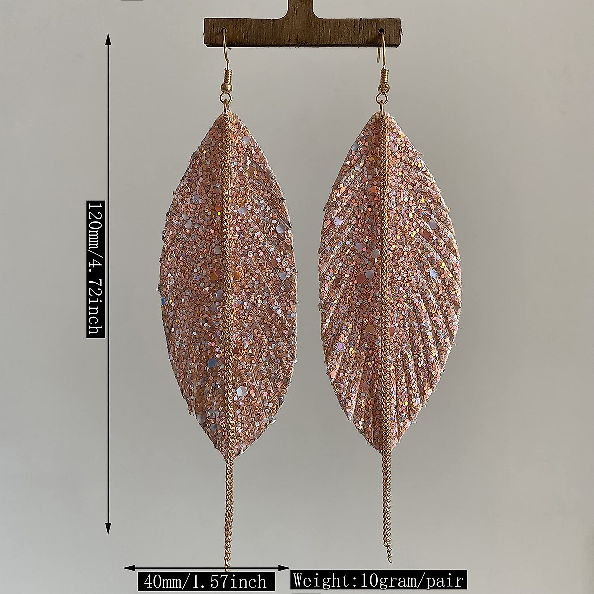 JIUIQL Unique Handmade Fashion Large Leopard Soft Leather Fringe Feather Dangle Drop Color Earrings Lightweight Faux Leather Sparkly Shine Glitter Leaf Earring for Women Statement Jewelry Gifts (Pink)