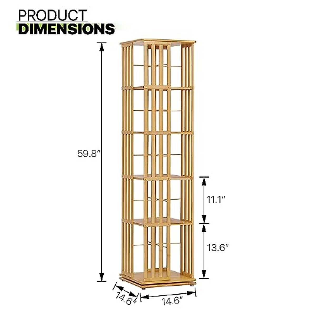 Magshion Rotating Bookcase 4-Tier Corner Shelf Bamboo Media Storage, 59.8" High Revolving Floor Standing Storage Organizer Living Room Bedroom 360 Degree Rotating Storage (Natural, Stripe Guardrail)