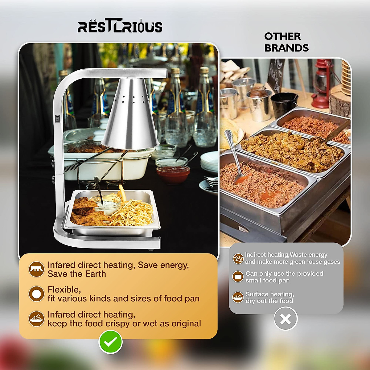 Restlrious Food Heat Lamp Freestanding Commercial Portable Food Warmer with 1 Full-Size Food Pan, Stainless Steel 120V Electric Food Heat Lamp Applicable to 250W Light Bulb, Fan-Shaped Lampshade