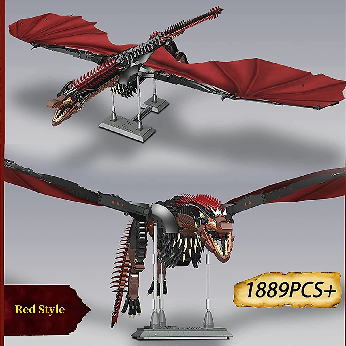 Building Toys Dragon Set Building Kit 1889 Pieces STEM Building Blocks for Boys Red Fire Dragon Construction Set with Wings & Base Holder Building Bricks Display Collection Great Gift for Adult