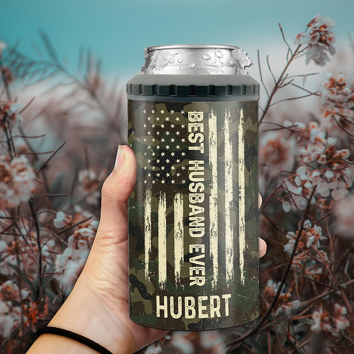 Personalized Husband Can Cooler 4 in 1 Holder Cup with Lids Customized Name 16oz Beer Drinking Gifts for Hubby from Wife Birthday Christmas Fathers Day Anniversary