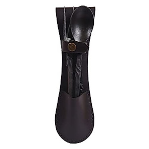 Viking Traders Hand-Forged Blacksmith Medieval Dining Hall Eating/Feasting Utensils set of 3 Piece Functional Fork Knife and Spoon Medieval Eating Set, with genuine leather pouch for easy carrying.