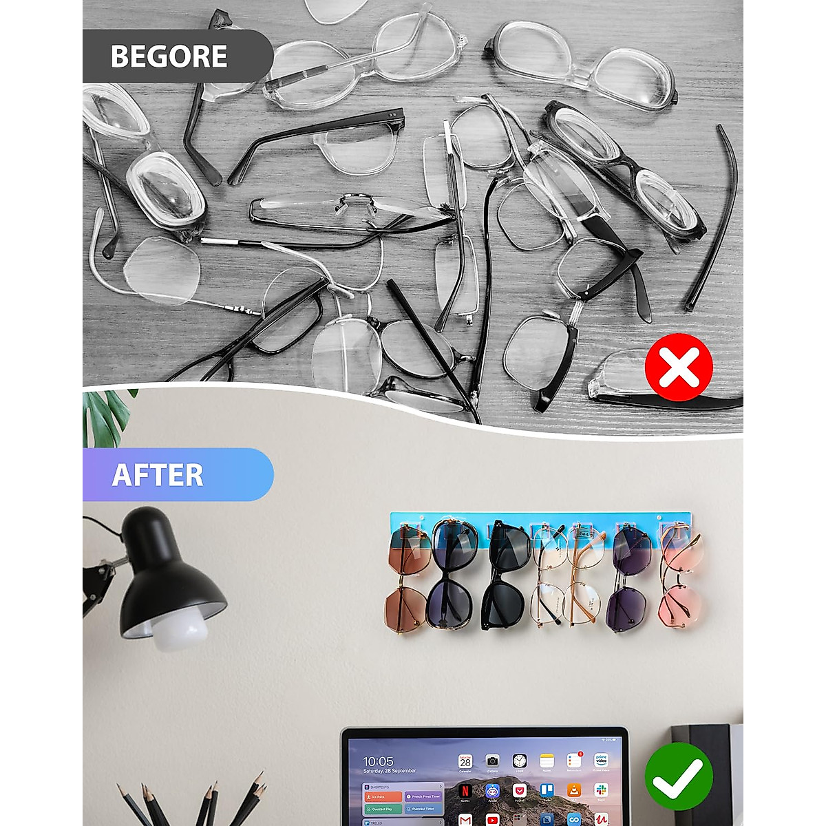 SILFGRLF Sunglasses Holder Organizer, 2 Pack Acrylic Sunglasses Organizer Wall Mounted Eyeglasses Display Holder Eyewear Glasses Hanging Rack for Entryway Living Room Bedroom(Iridescent)