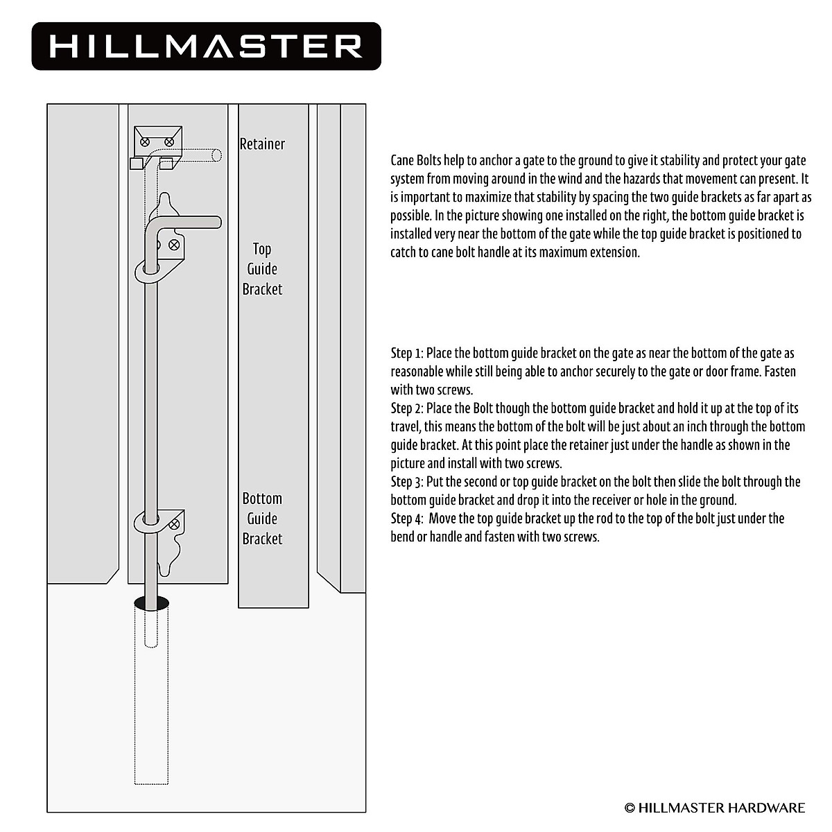 HILLMASTER 18" Heavy Duty Cane Bolt Gate Drop Rod for Wood Fence, Steel Drop Bolts Cane Bolt Hardware for Wooden Gater and Holding Doors, Black Finish