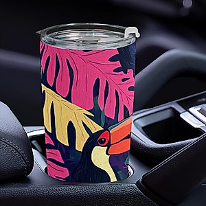 QWEUIOP 20oz Insulated Travel Coffee Mug Toucan Pattern Summer Stainless Steel Tumbler with Lid Double Wall Vacuum Coffee Cup For Hot and Cold Drinks14327